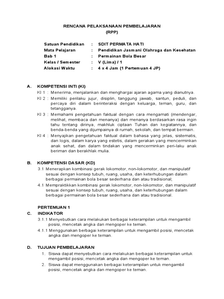 RPP Pjok Kls 5 TM 1 Permainan Bola Besar Ok | PDF | Karier & Perkembangan