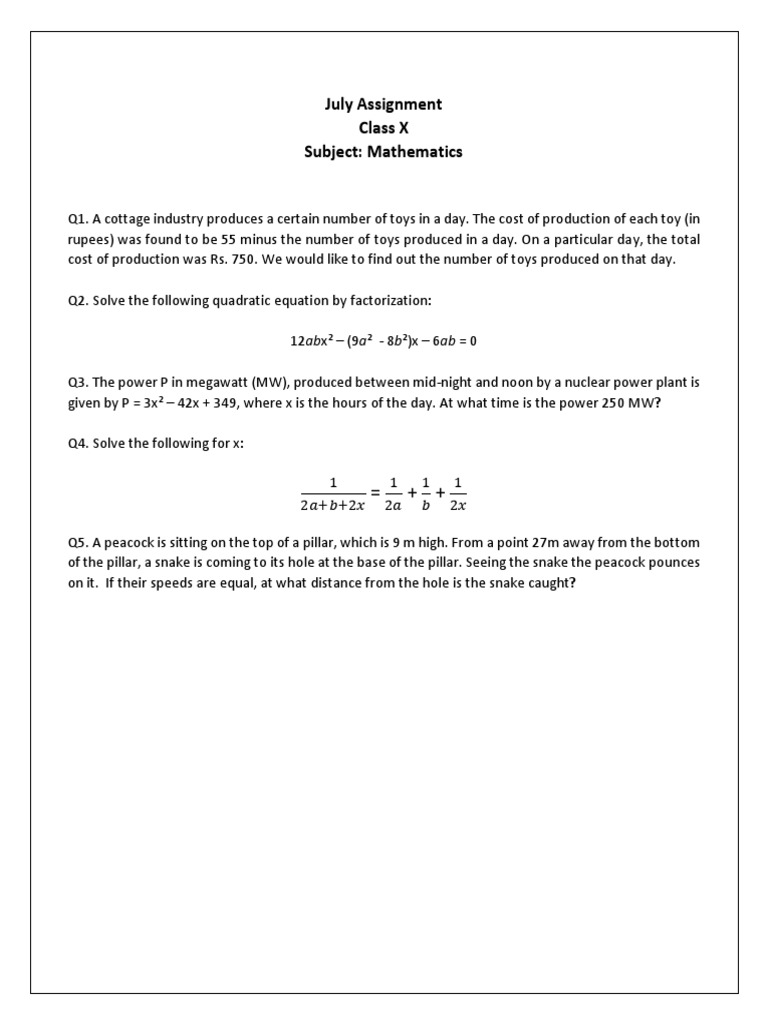 July Assignment-Class X (Maths) | PDF