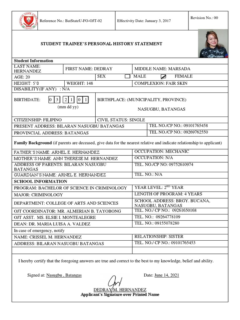 Student Trainee Personal History Form | PDF