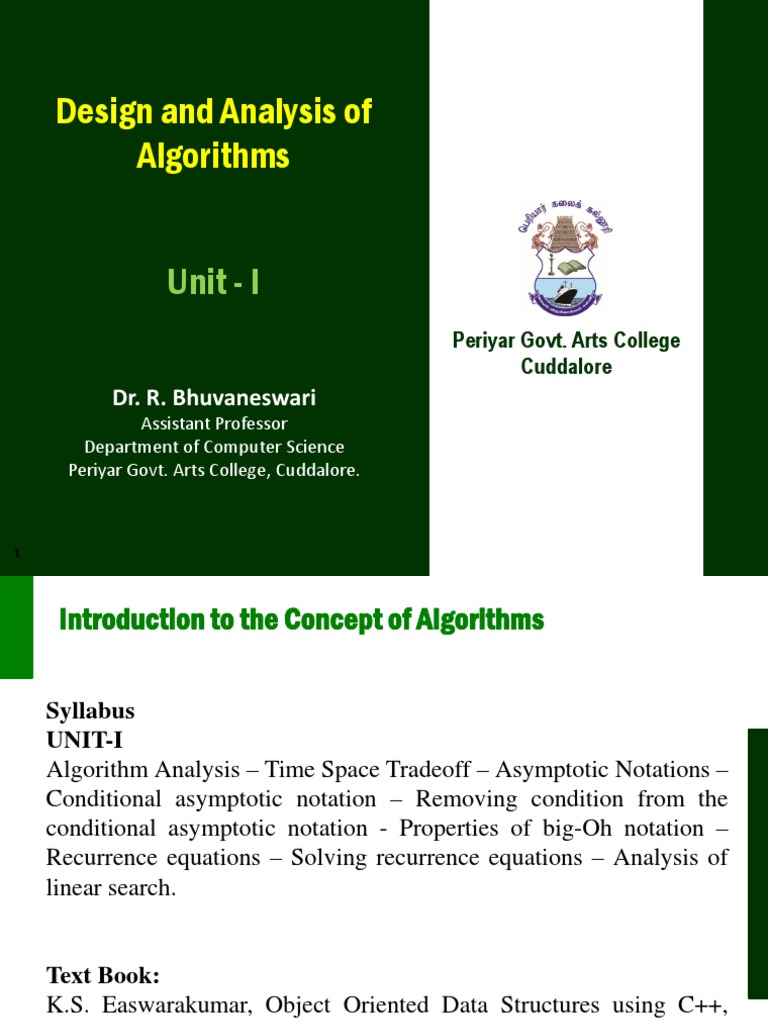 Design and Analysis of Algorithms: Unit - I | PDF | Recurrence Relation | Algorithms