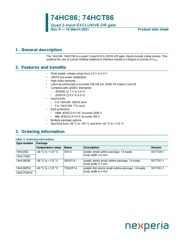 74HC86 74HCT86: 1. General Description | PDF | Logic Gate | Cmos