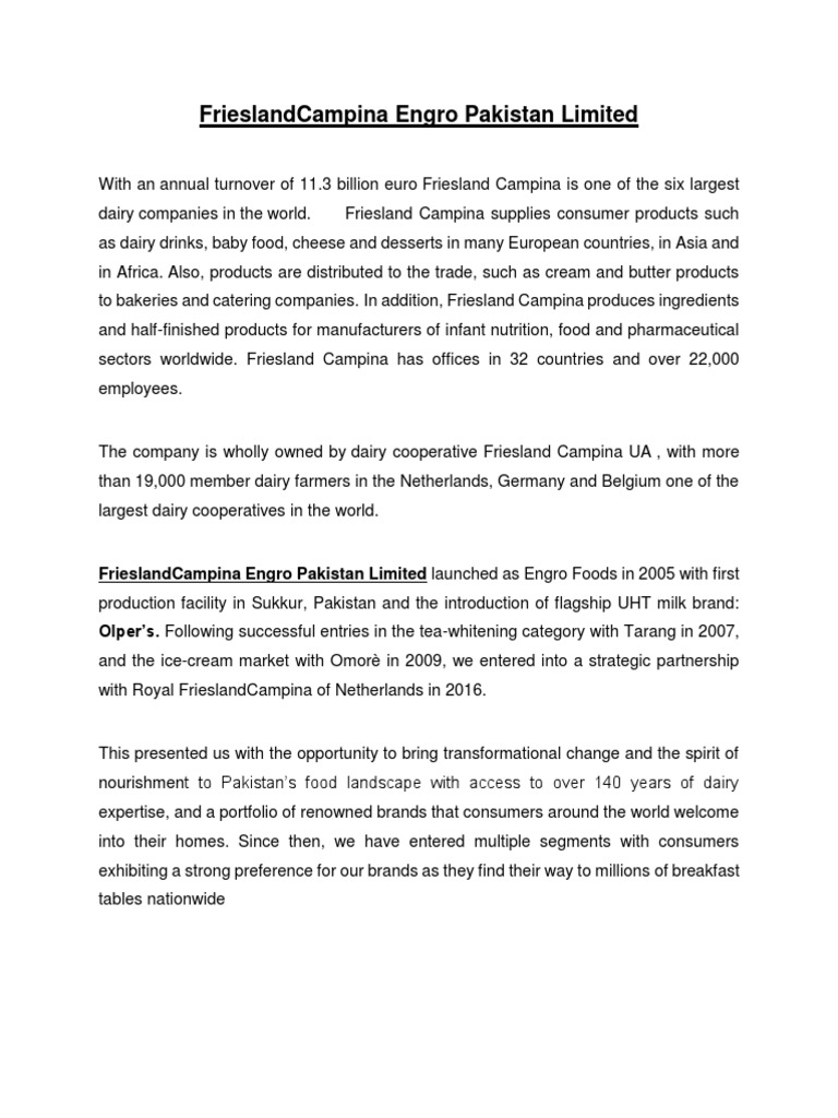 FrieslandCampina Engro Pakistan Limited | PDF | Business | Wellness