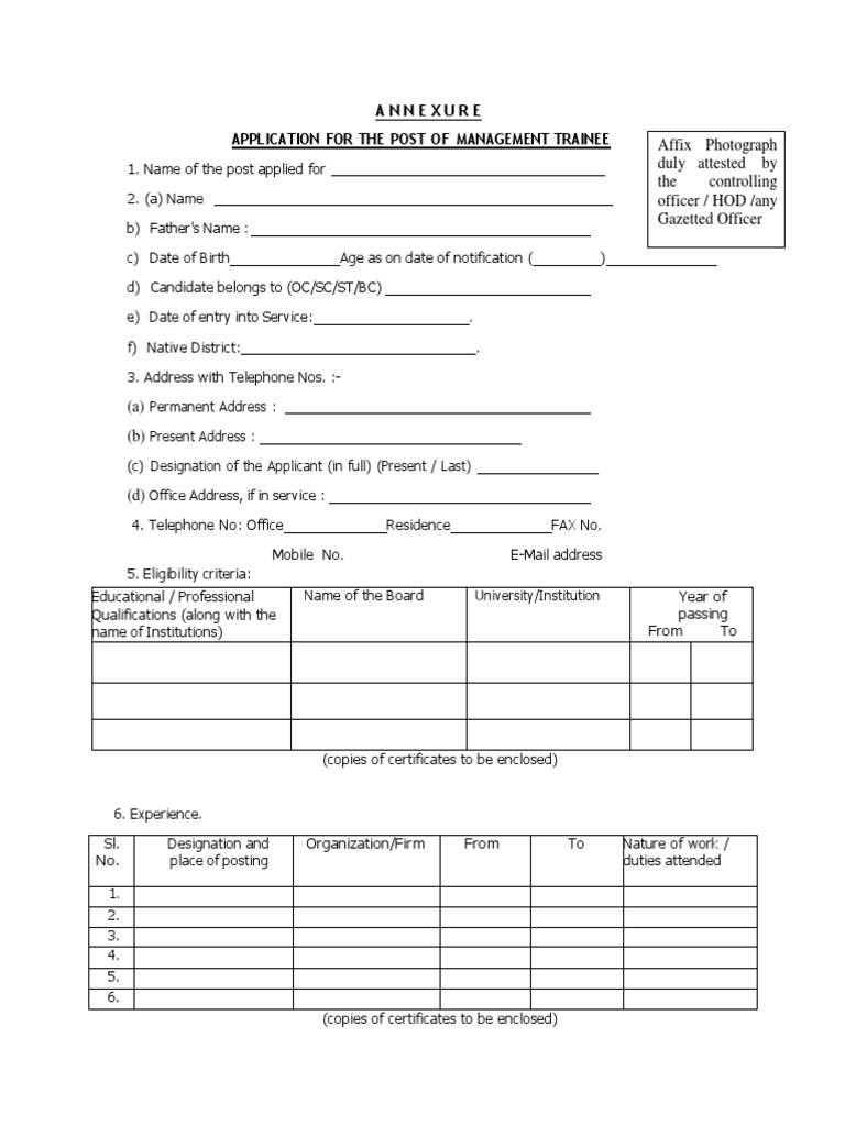 Affix Photograph Duly Attested by The Controlling Officer / HOD /any ...
