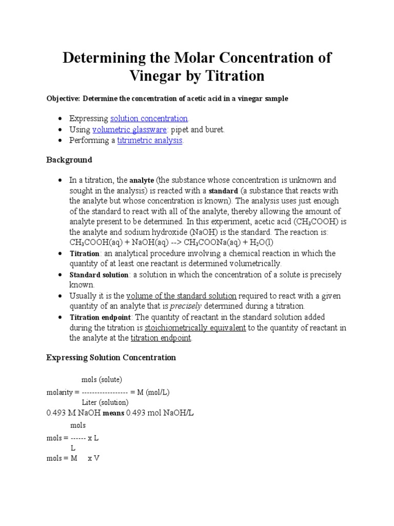 Determining The Molar Concentration of Vinegar by Titration | PDF ...