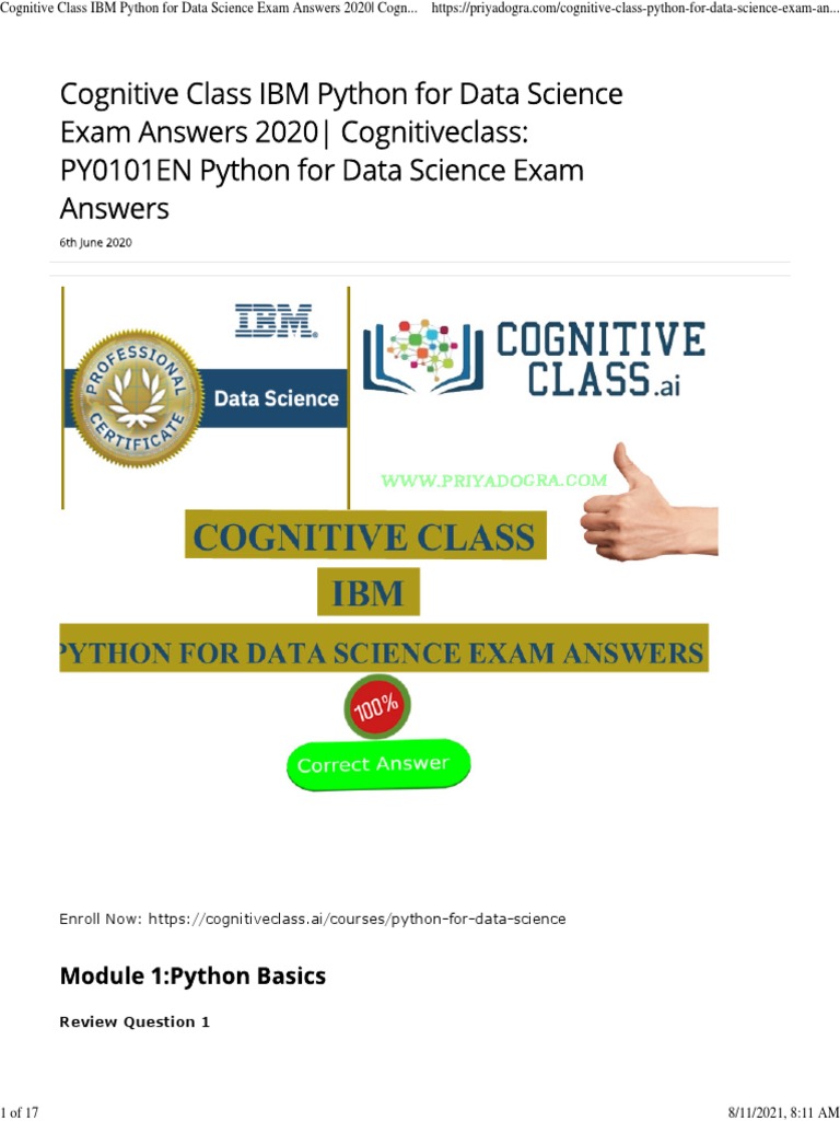 Cognitive Class IBM Python For Data Science Exam Answers 2020 - Cognitiveclass - PY0101EN Python ...