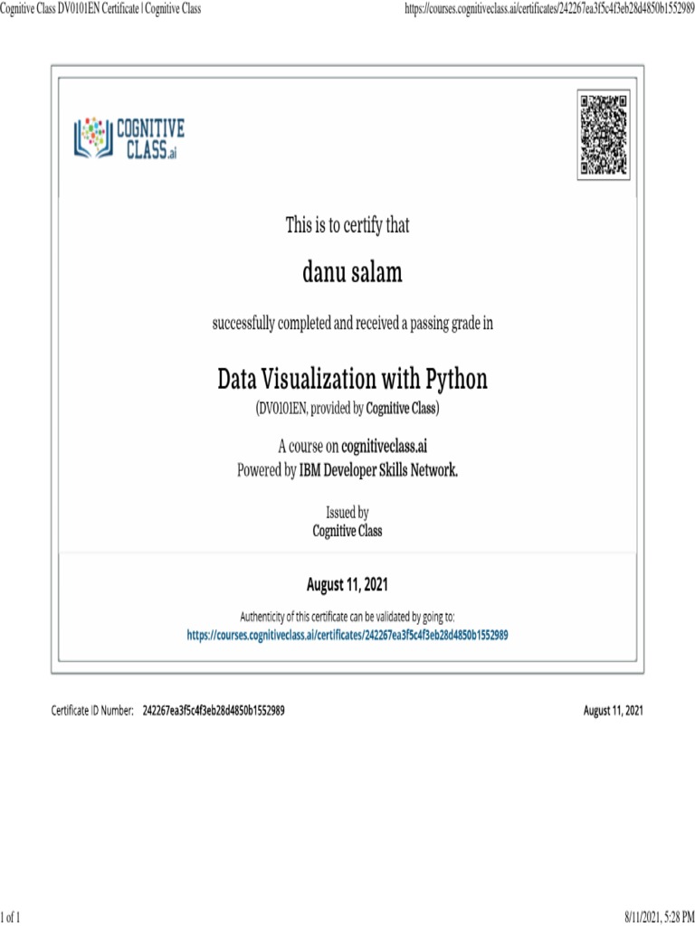 Cognitive Class DV0101EN Certificate - Cognitive Class | PDF