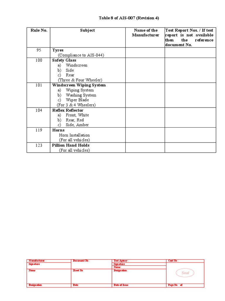 Table 8 of AIS-007 Compliance | PDF | Vehicles | Manufactured Goods
