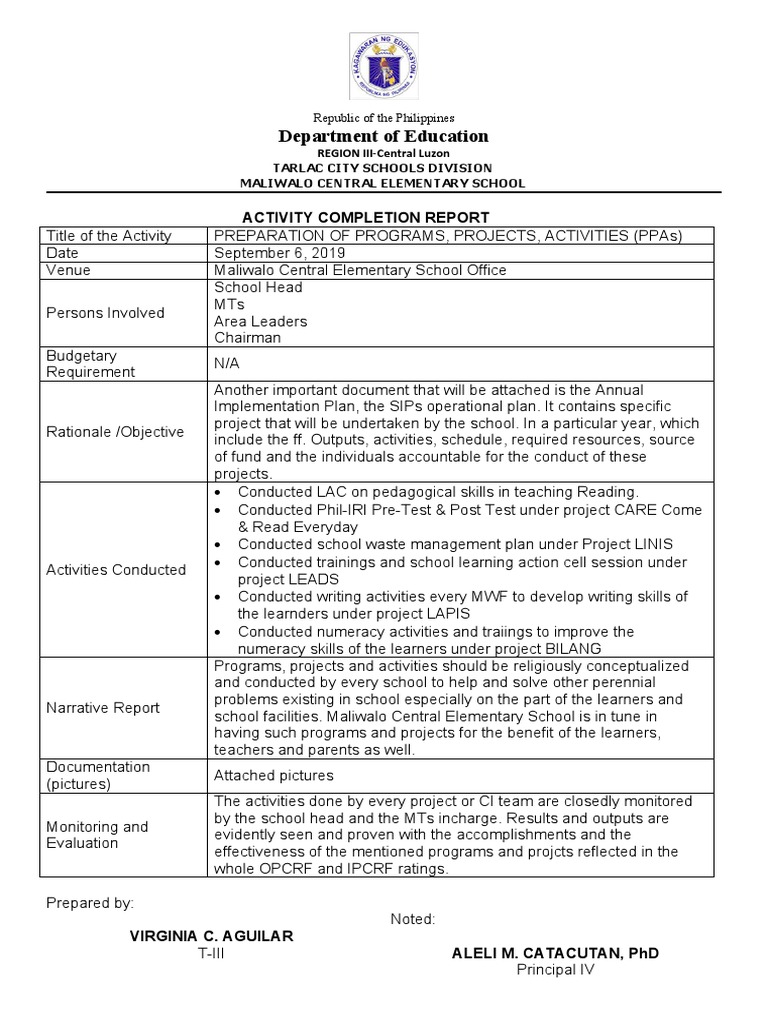 Department of Education: Activity Completion Report | PDF | Learning ...