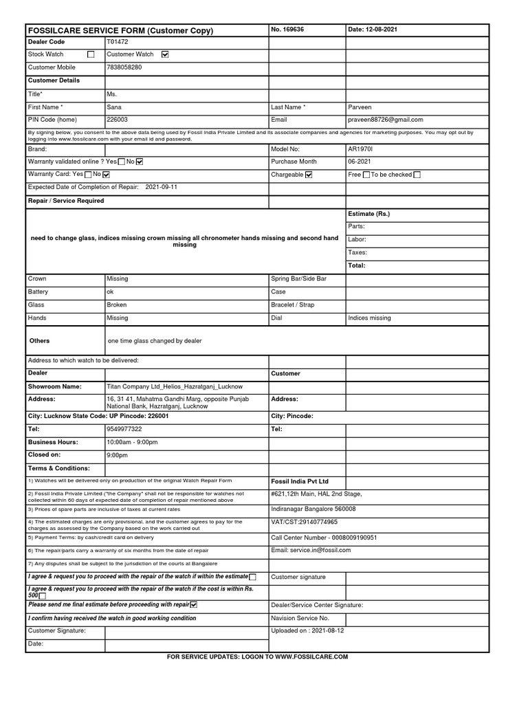 Fossilcare Service Form (Customer Copy) | PDF | Credit Card | Value ...