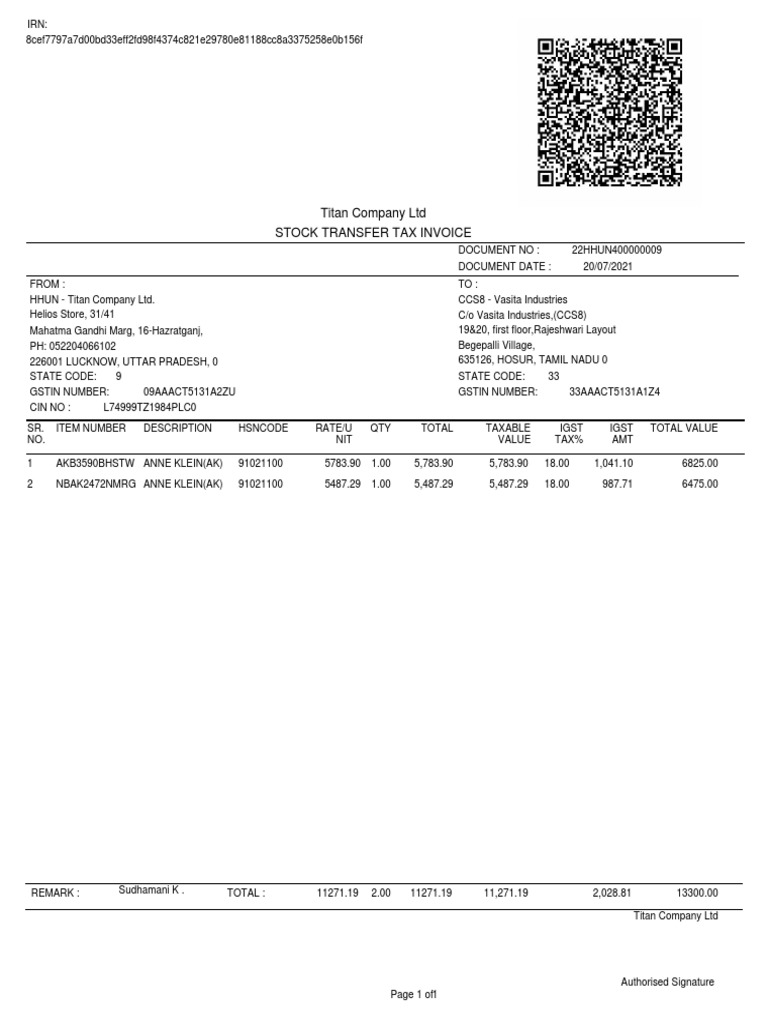 Stock Transfer Tax Invoice Titan Company LTD | PDF