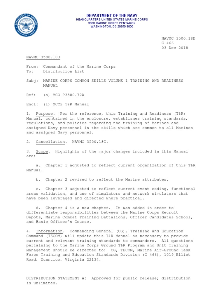 NAVMC 3500.18D Marine Corps Common Skills Vol 1 T-R Manual | PDF ...