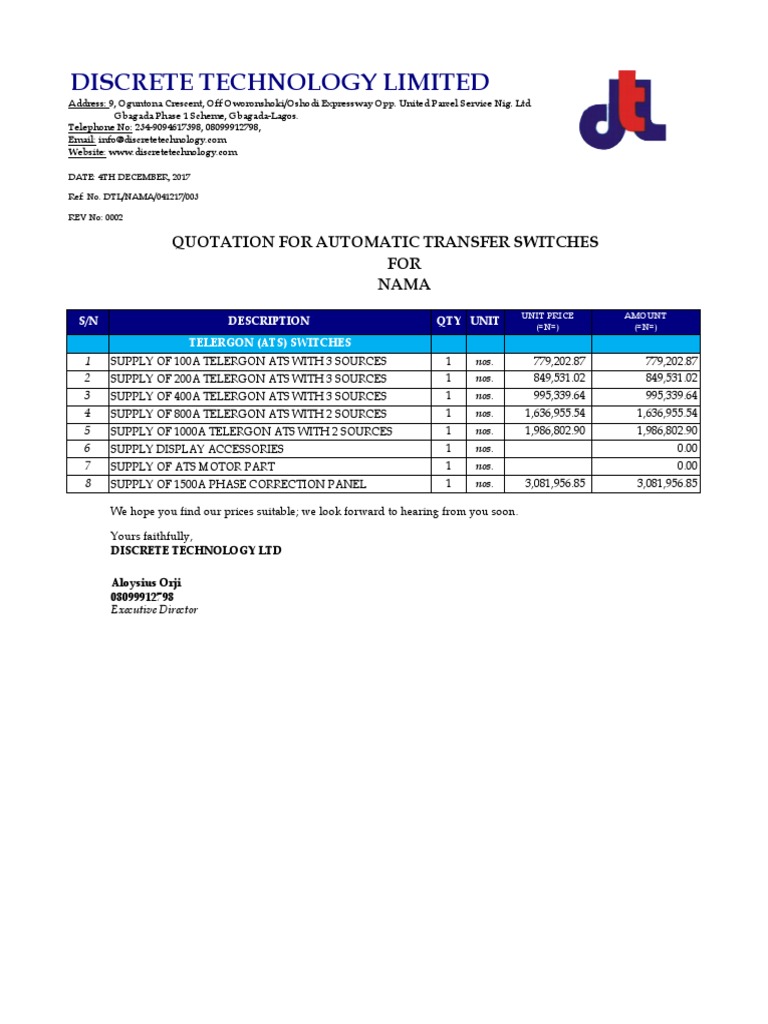 Discrete Technology Limited: Quotation For Automatic Transfer Switches Nama FOR | PDF