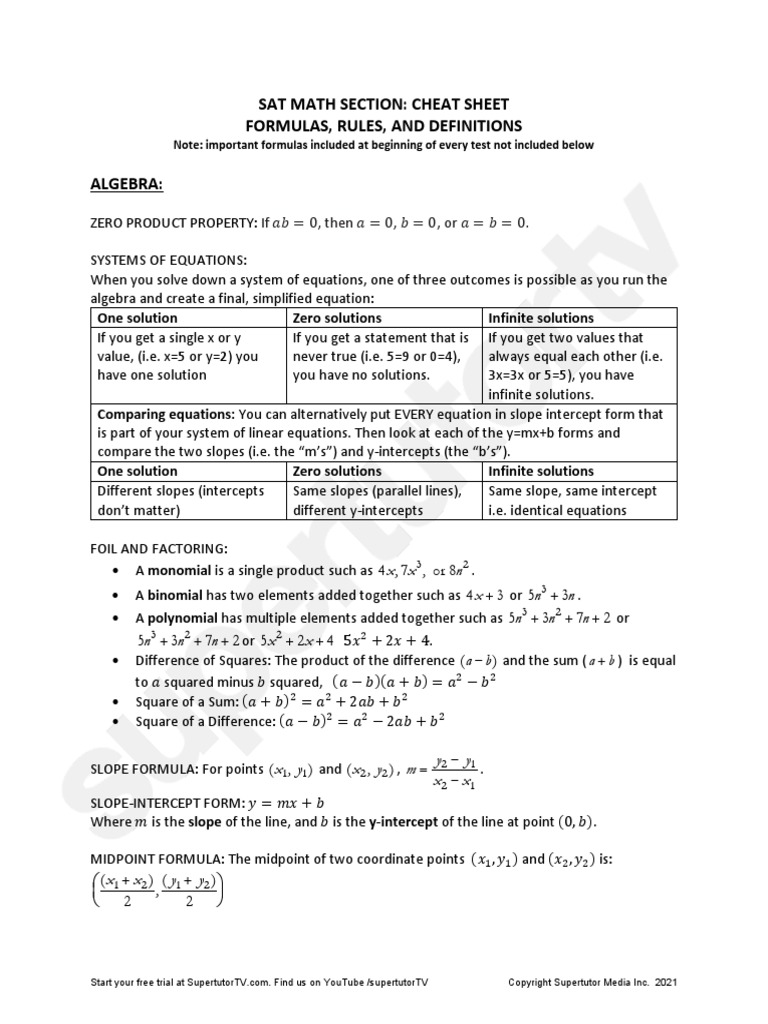 SAT Math Cheat Sheet STTV 2020 | PDF | Angle | Quadratic Equation