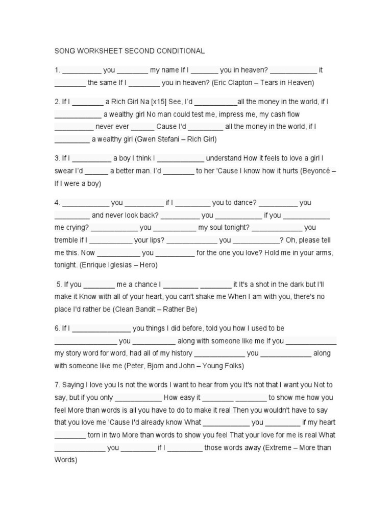 Second Conditional Song Worksheet | PDF | Self-Improvement