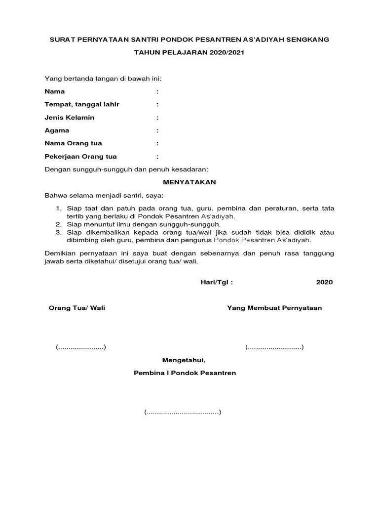 Surat Pernyataan Santri Pondok Pesantren As Dikonversi | PDF