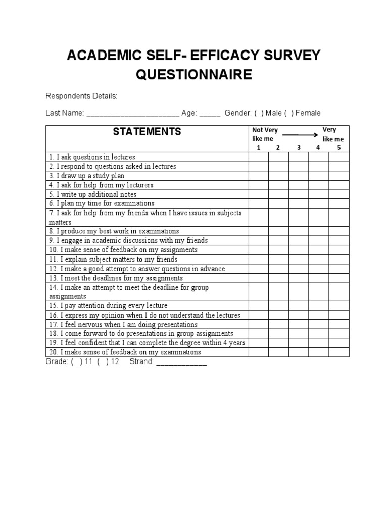 Academic Self-Efficacy Survey Questionnaire | PDF