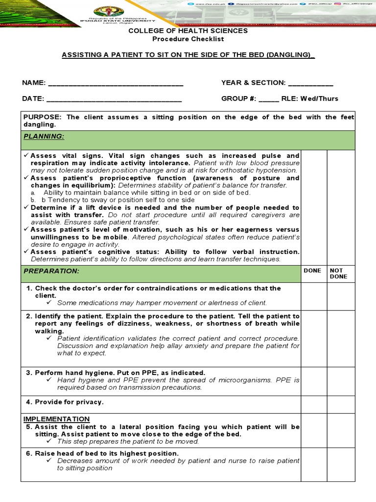 Patient Dangling Procedure Checklist | PDF | Balance (Ability ...