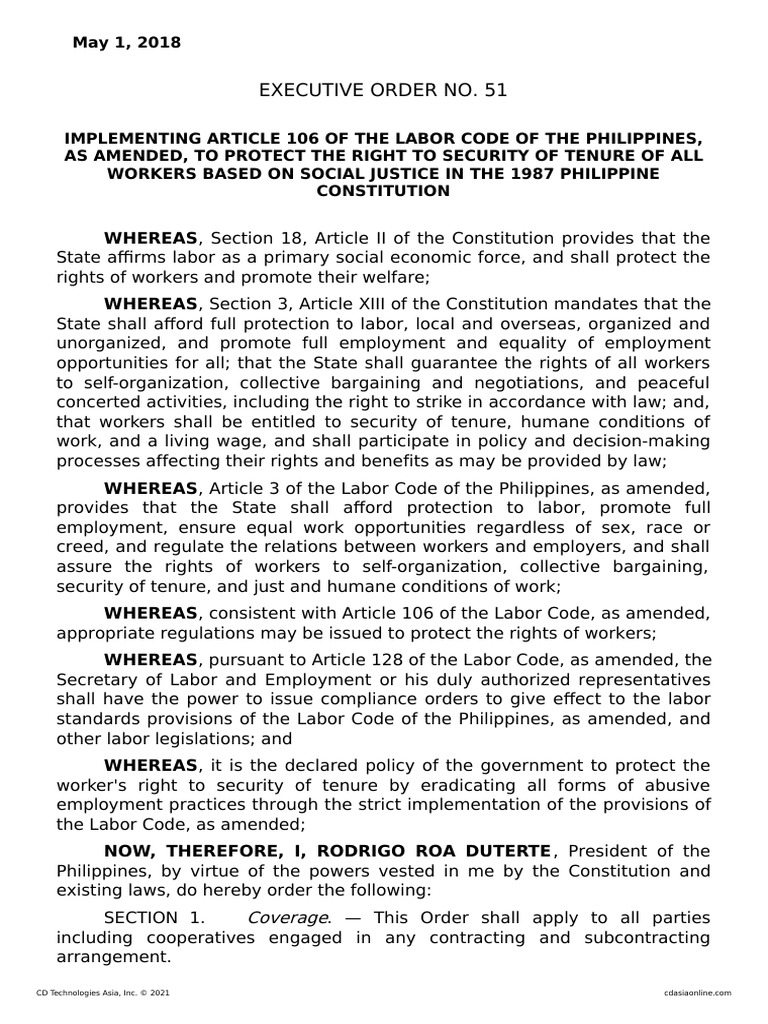 EO 51, Series of 2018 | PDF | Labour Law | Employment