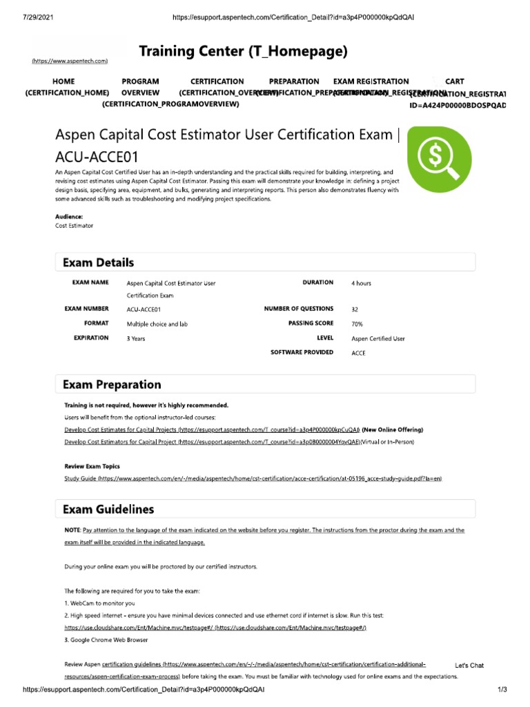 Aspen Capital Cost Estimator User Certification Exam ACU-ACCE01 | PDF