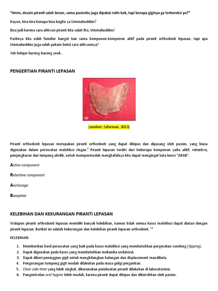Aktivasi dan Komponen Piranti Orthodonti Lepasan | PDF