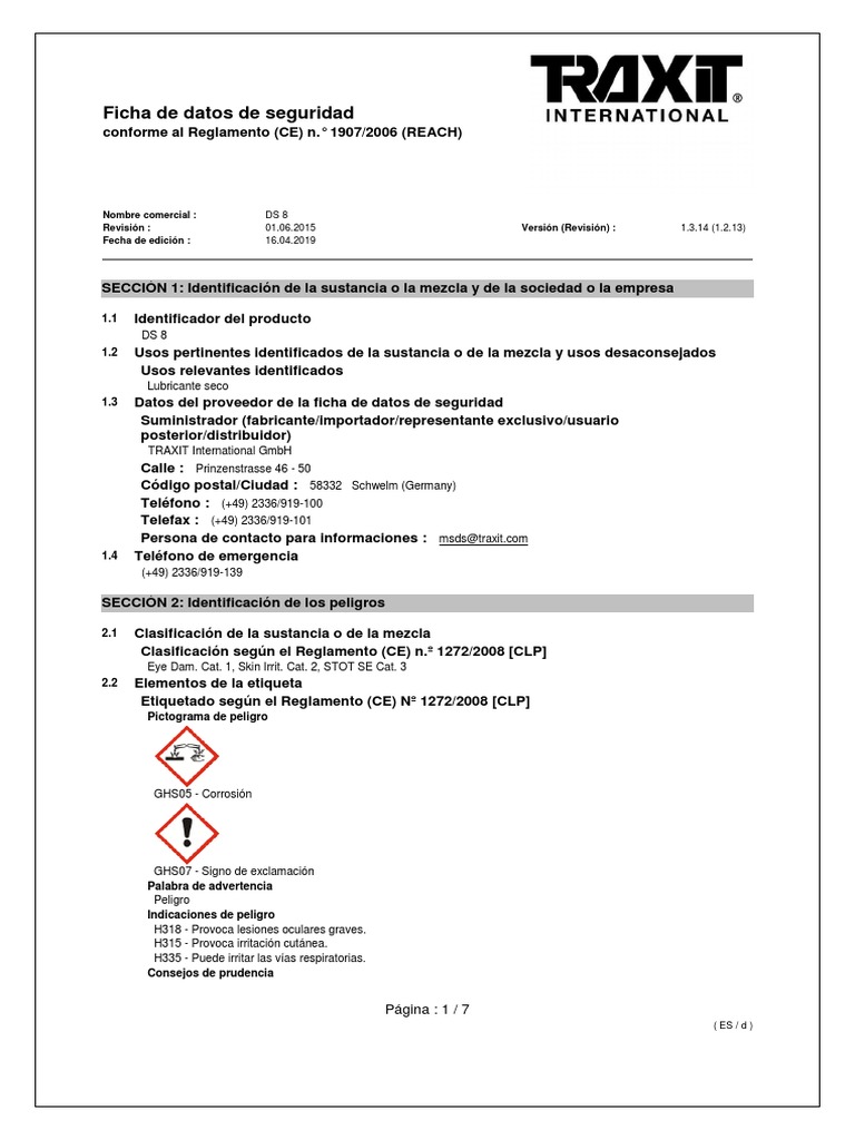 SDS Traxit DS 8 - Es | PDF | Agua | Combustión