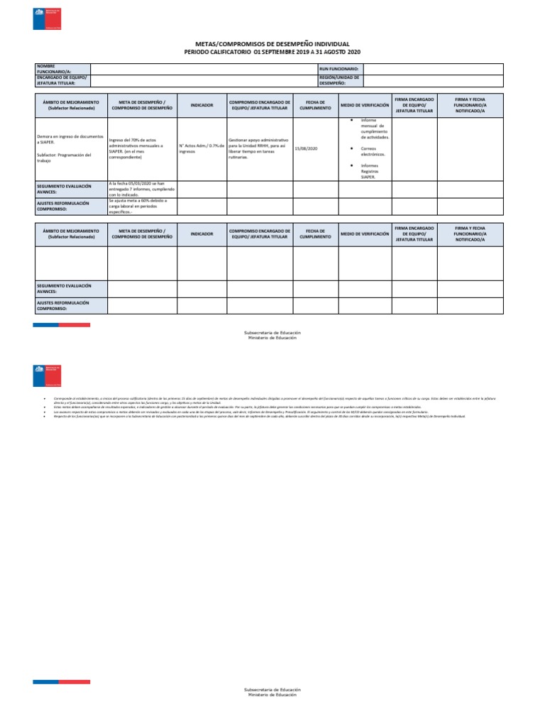FORMATO METAS. COMPROMISOS DESEMPEÑO (Período 2019.2020) EJEMPLO RRHH ...