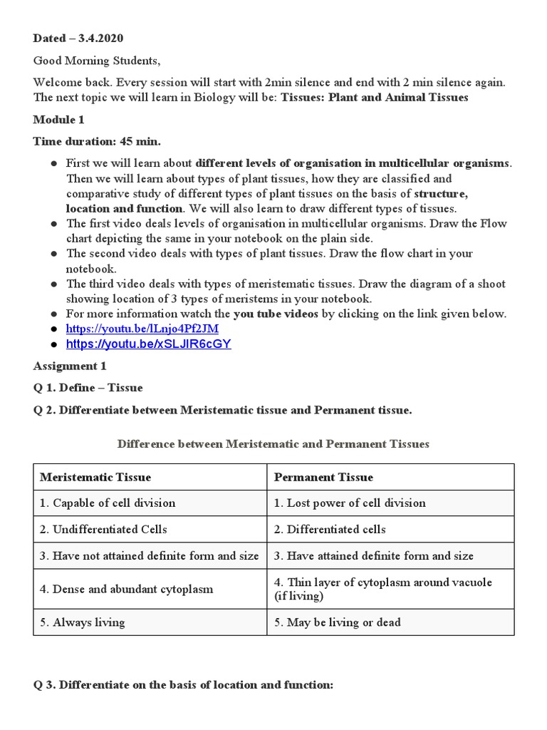 Module 1 Dated 3.4.20 Tissues - Plant and Animal Tissues | PDF ...