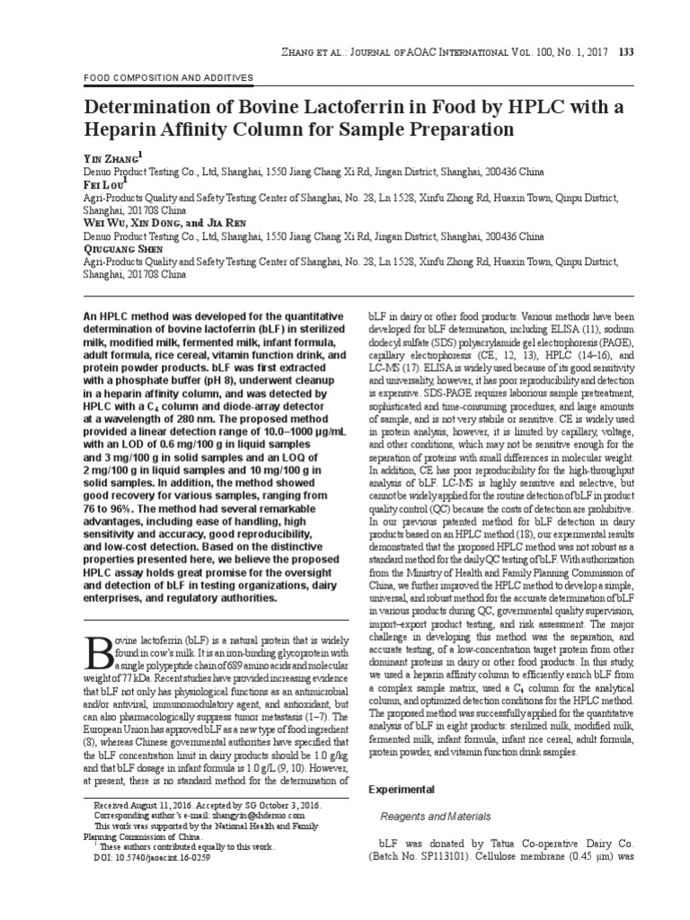 Determination of Bovine Lactoferrin in Food by HPLC With A Heparin ...