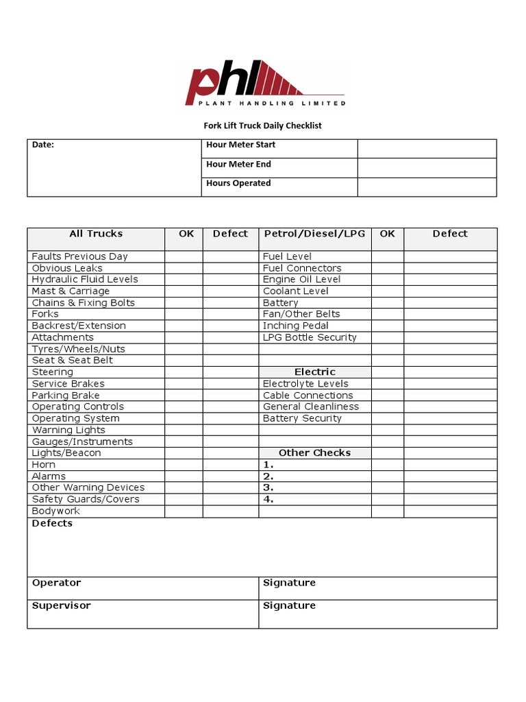 Fork Lift Truck Daily Checklist | PDF