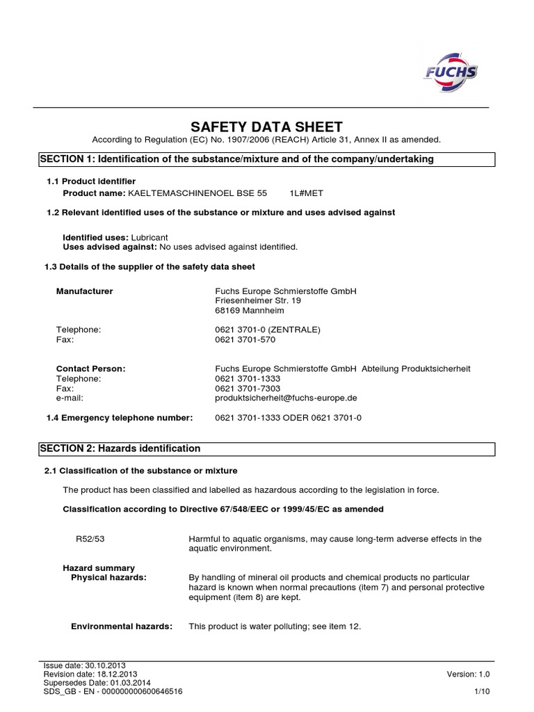818677B - Compressor Oil BSE55 (MSDS) | PDF | Personal Protective ...