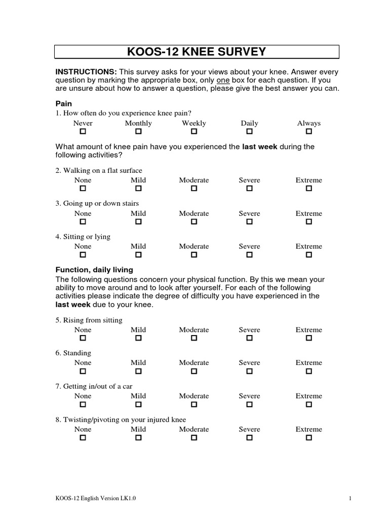 KOOS-12 Knee Survey Instructions & Questions | PDF | Knee | Pain