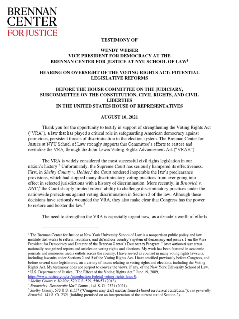 Wendy Weiser: VRAA Testimony 8/16/2021 | PDF | Voting Rights Act Of ...