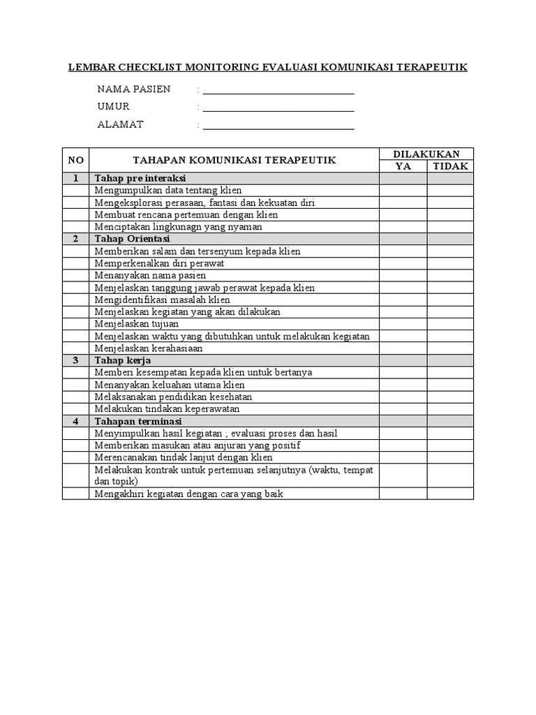 Lembar Checklist Monitoring Evaluasi Komunikasi Terapeutik | PDF