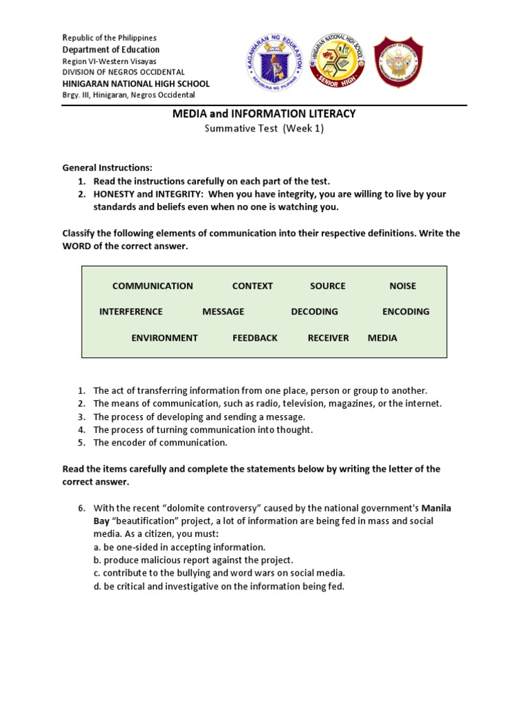 Media and Information Literacy: Summative Test (Week 1) | PDF | Social ...