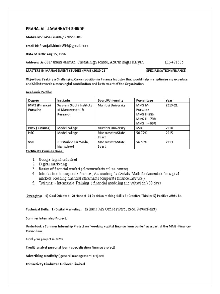 Pranjali Jagannath Shinde Resume | PDF | Economies | Business