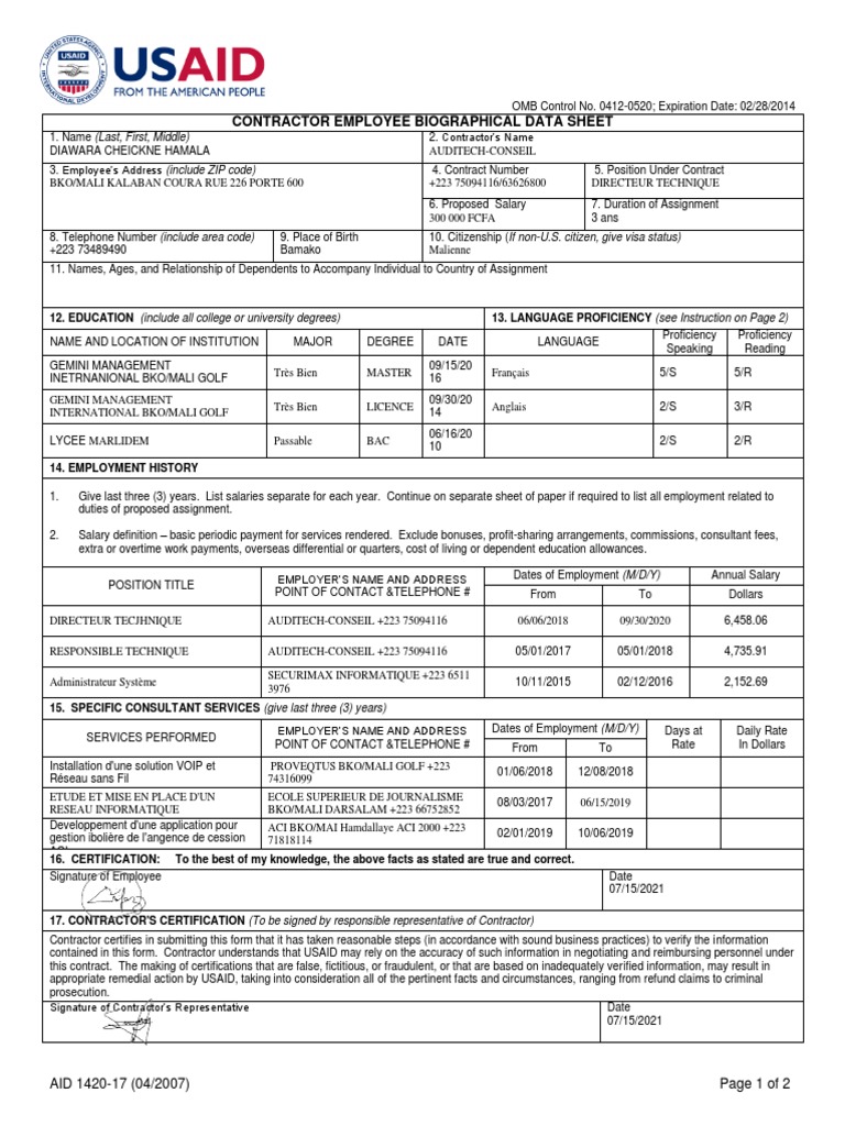 Contractor Employee Biographical Data Sheet | PDF | United States ...
