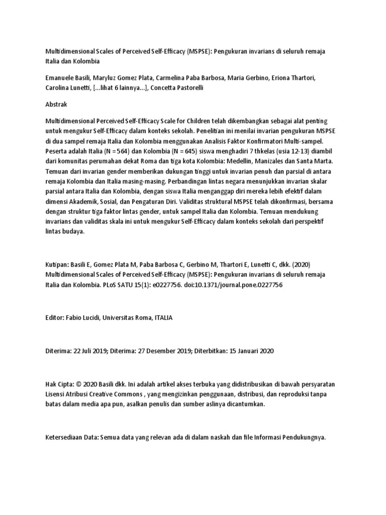 Multidimensional Scales of Perceived Self-Efficacy (MSPSE) | PDF
