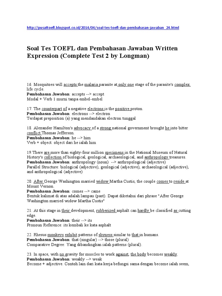 Soal Tes TOEFL Dan Pembahasan Jawaban Written Expression (Complete Test ...