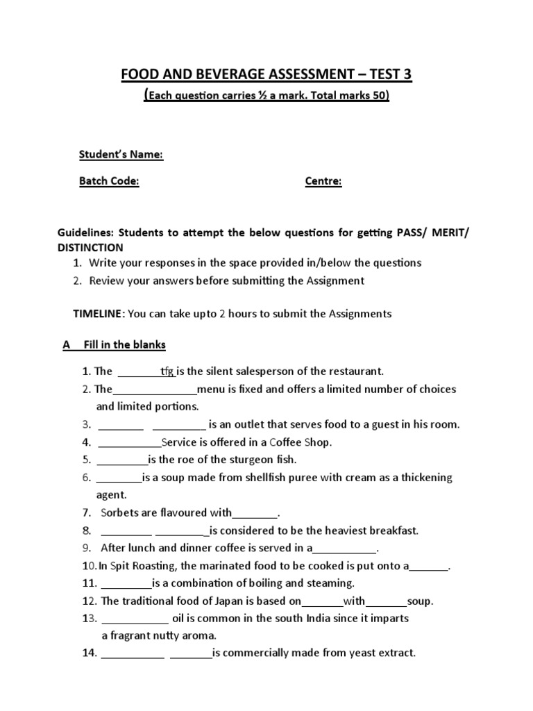Food and Beverage Assessment Test 3 | PDF | Sauce | Restaurants