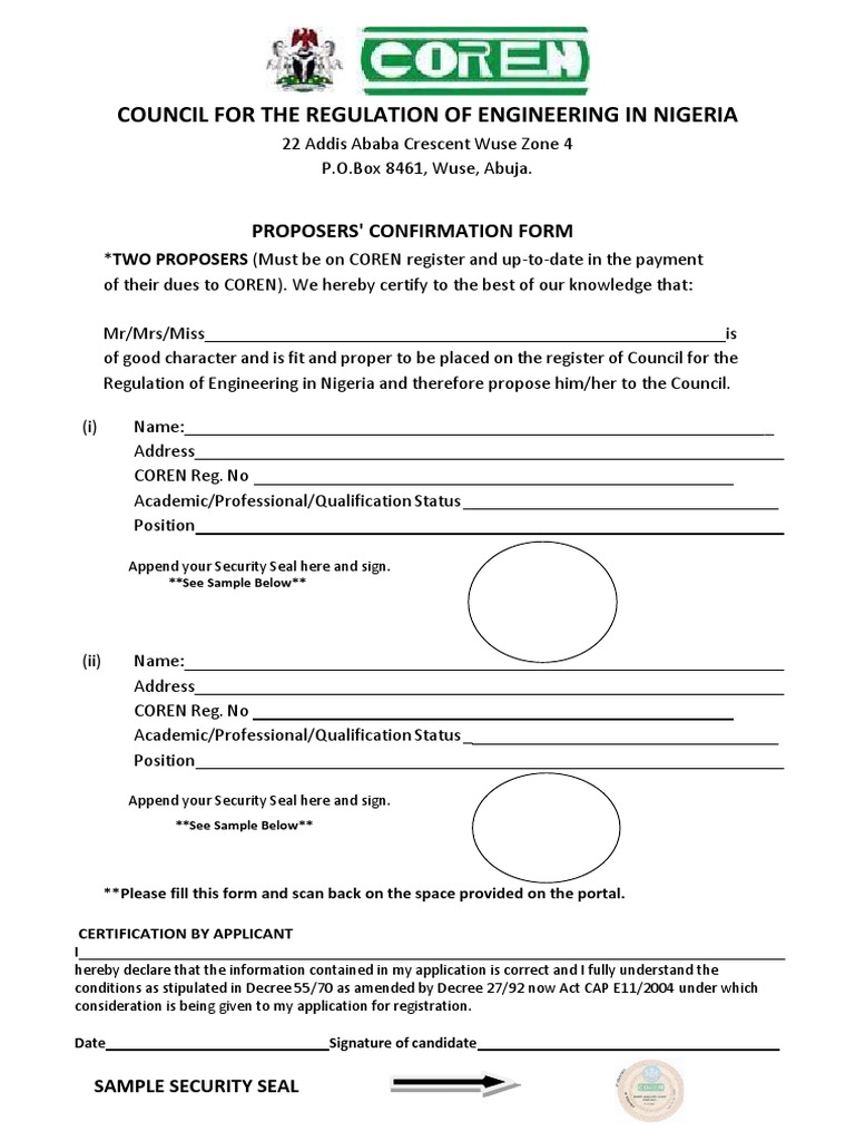 COREN Proposer Confirmation Form | PDF