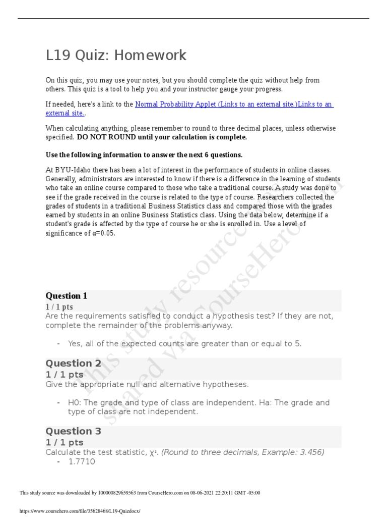 This Study Resource Was: L19 Quiz: Homework | PDF | P Value | Analysis