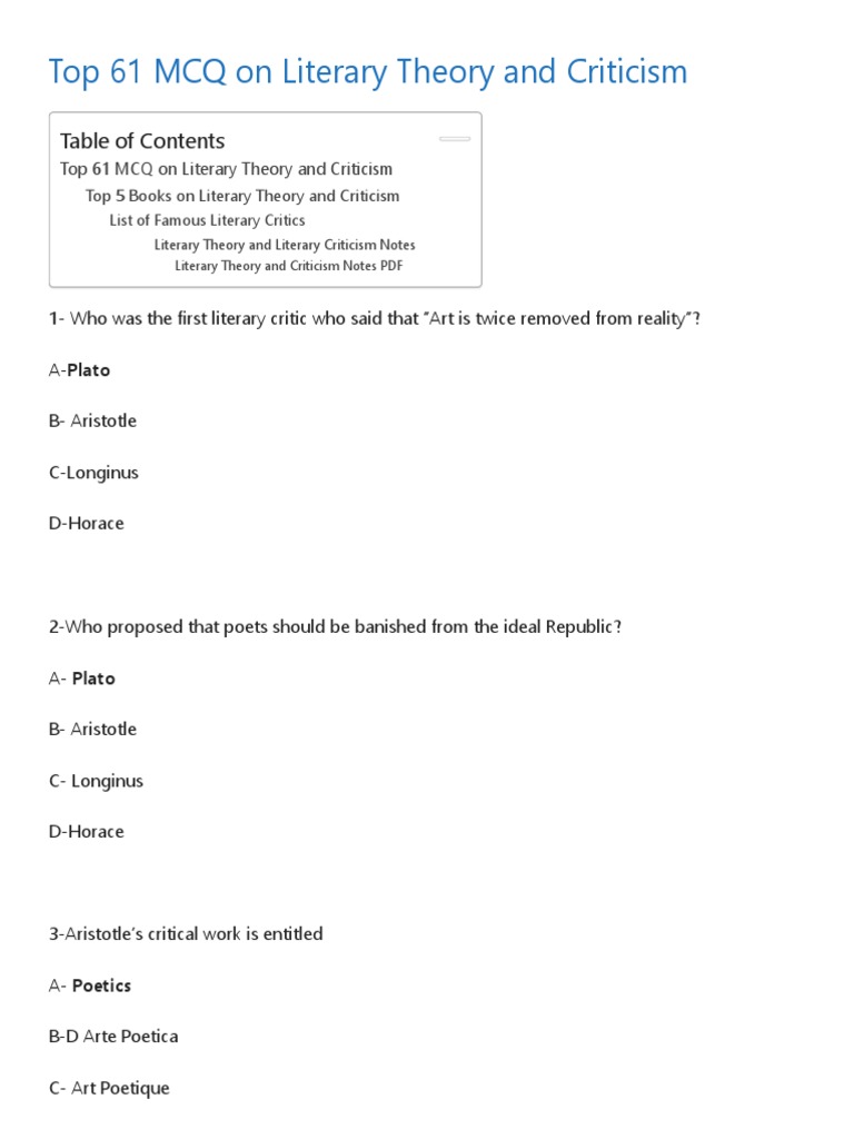 Top 61 MCQ On Literary Theory and Criticism | PDF | Tragedy | John Dryden