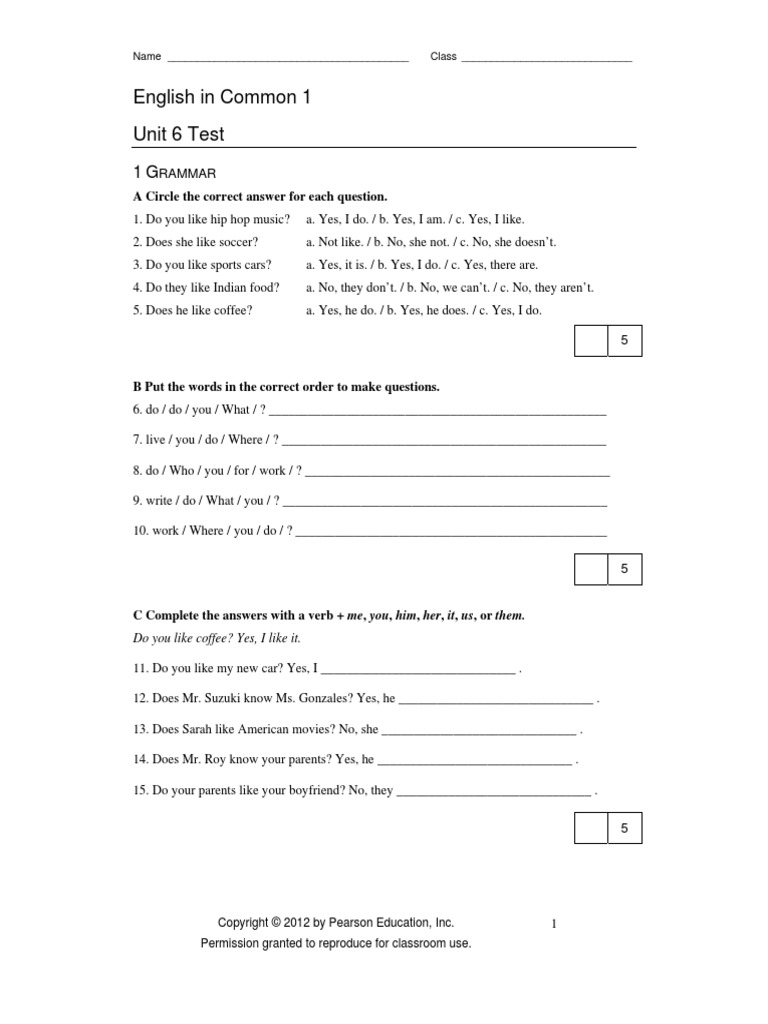 English in Common 1 Unit 6 Test: A Circle The Correct Answer For Each ...
