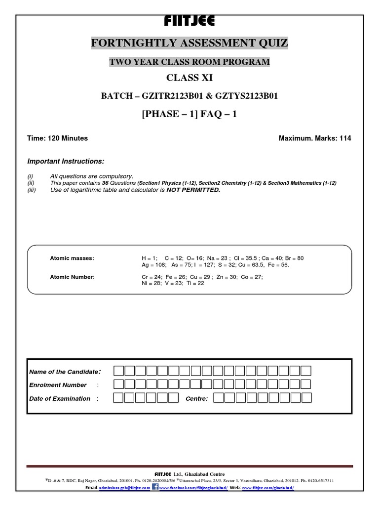 Fiitjee Fiitjee Fiitjee Fiitjee: Fortnightly Assessment Quiz | PDF ...