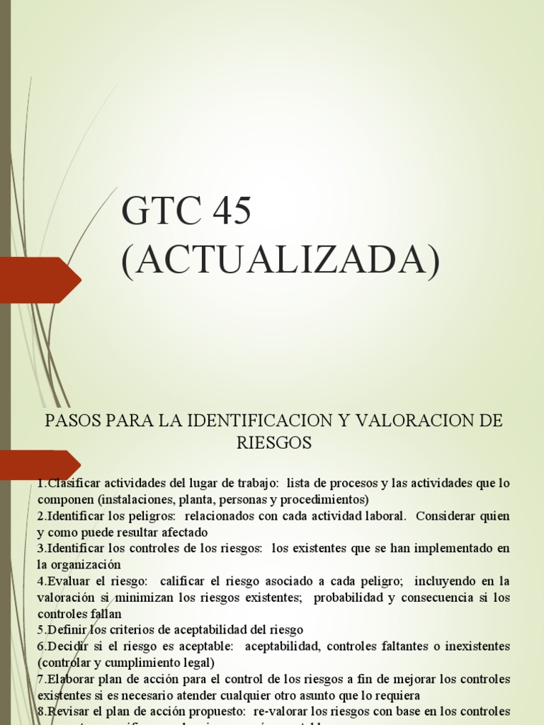 Presentacion Valoracion GTC 45 (ACTUALIZADA) | PDF | Riesgo | Lesión