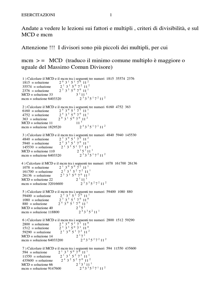 Esercizi Matematica MCM e MCD | PDF