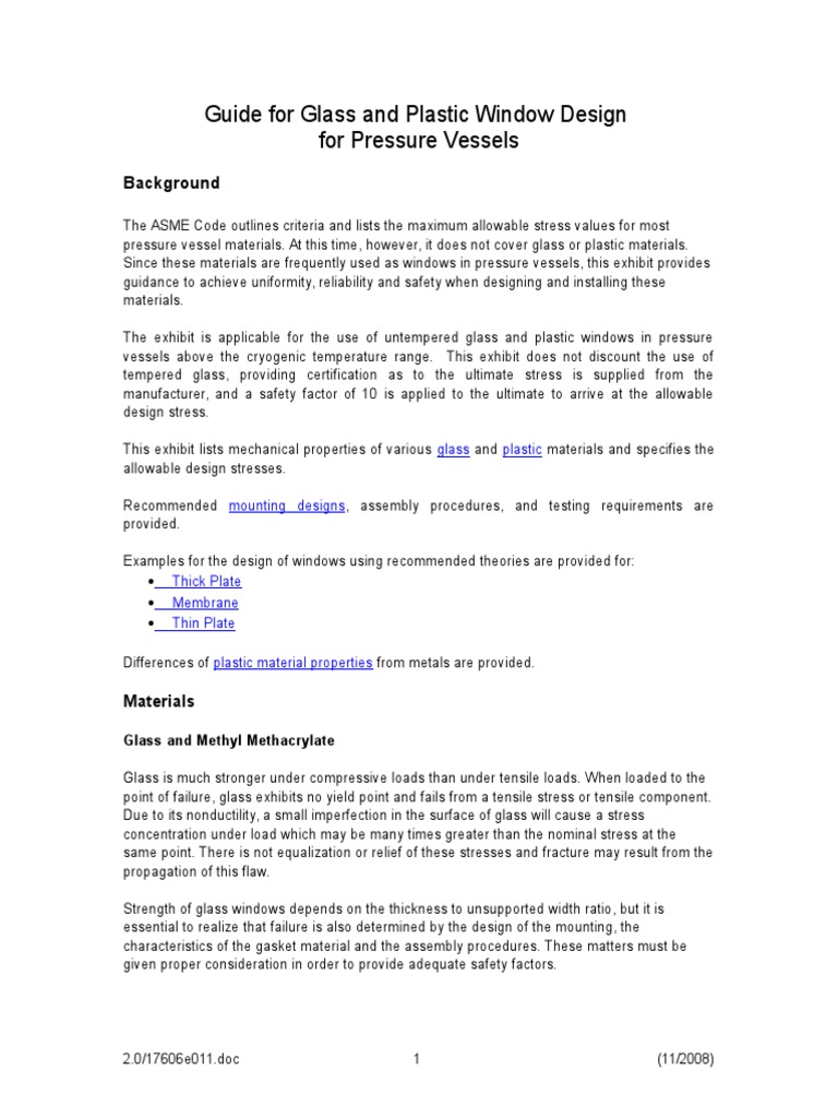 Glass and Plastic Window Design For Pressure Vessels Guide | PDF ...