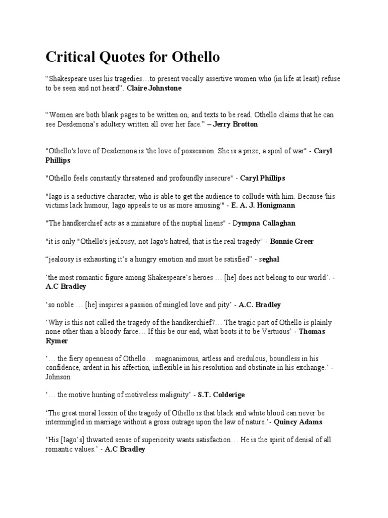 Key Critical Quotes on Othello | PDF | Othello | Shakespearean Tragedies
