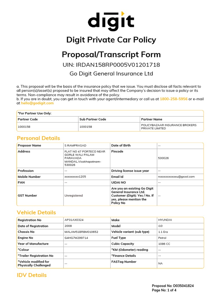 Proposal/Transcript Form Digit Private Car Policy: Go Digit General ...