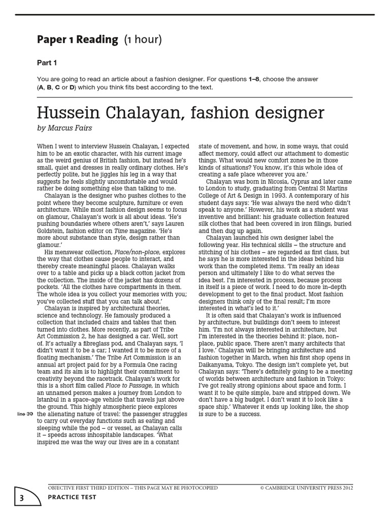 Hussein Chalayan, Fashion Designer: Paper 1 Reading (1 Hour) | PDF ...
